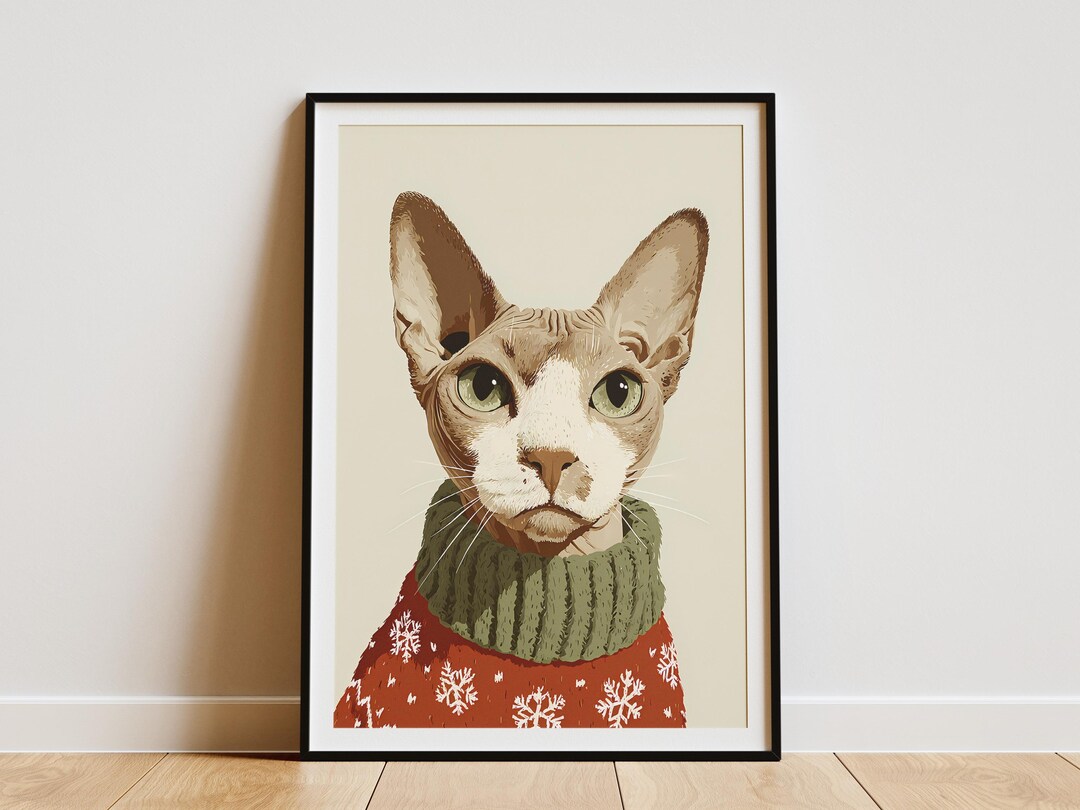 Festive Sphynx Cat Christmas Sweater Art Print Holiday Pet Wall Decor ...