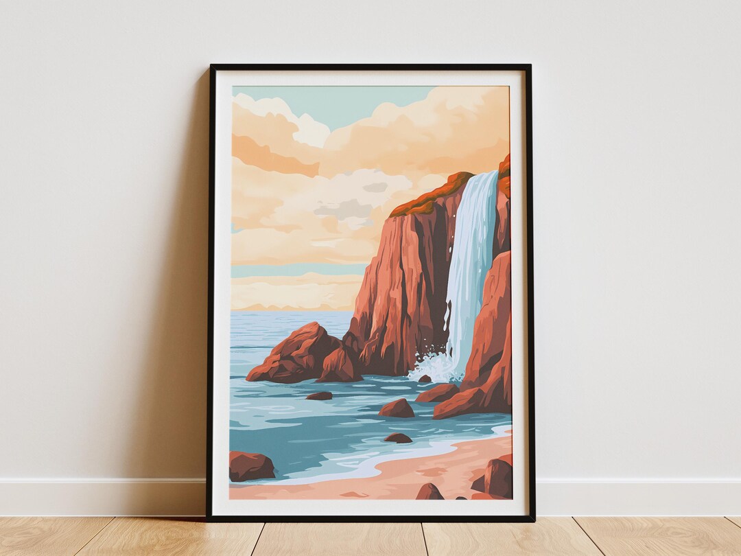 Ocean Waterfall Cliff Poster Coastal Landscape Print Beach Waterfall ...
