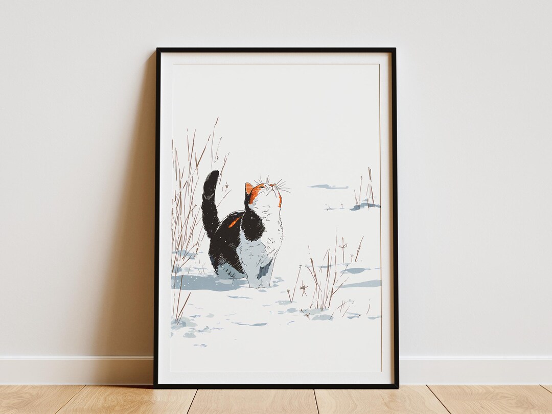 Calico Cat in Snow Minimalist Art Print Winter Feline Wall Decor Snow ...