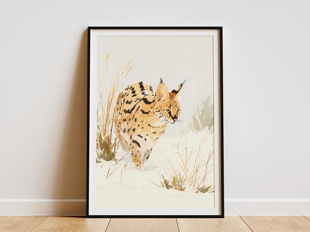 Serval Cat Wildlife Art Print African Savanna Cat in Snow Wall Decor ...