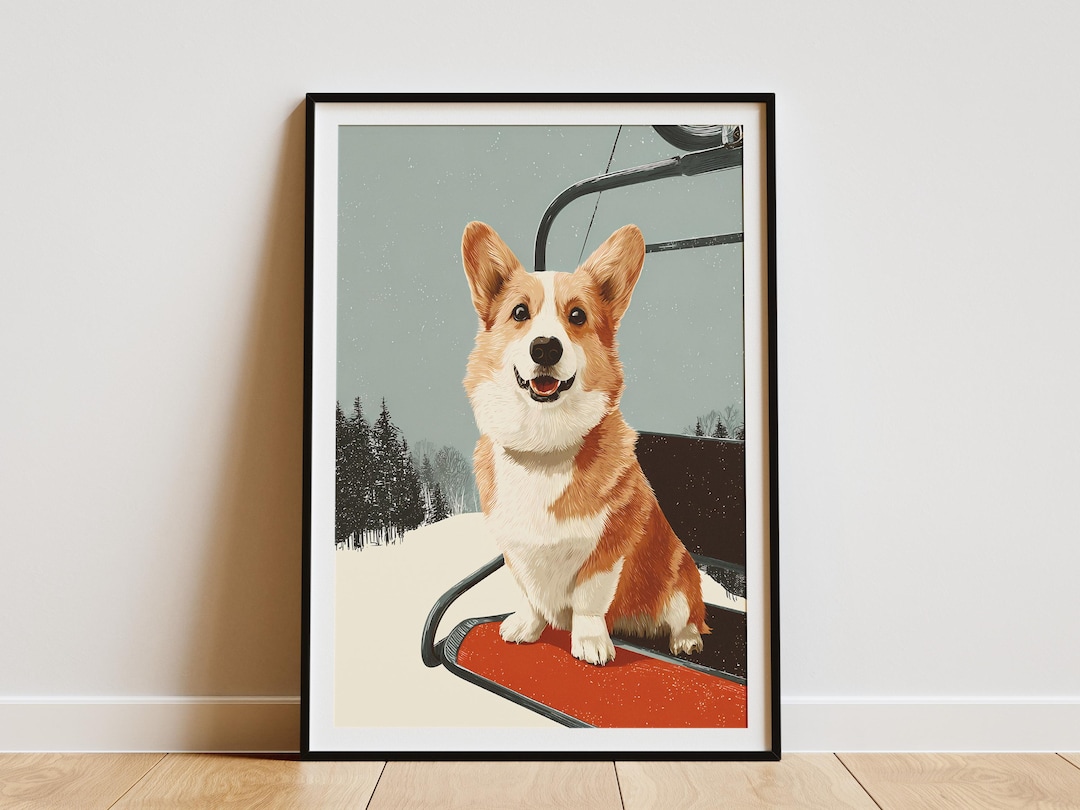 Smiling Corgi Dog Ski Lift Winter Art Print Holiday Wall Decor Pet ...