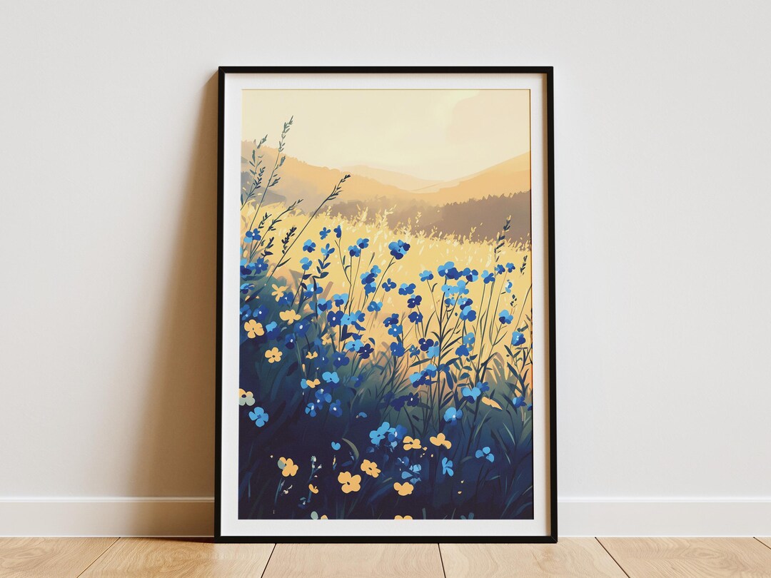 Forget Me Not Meadow Poster Blue Flower Meadow Art Print Summer Floral ...