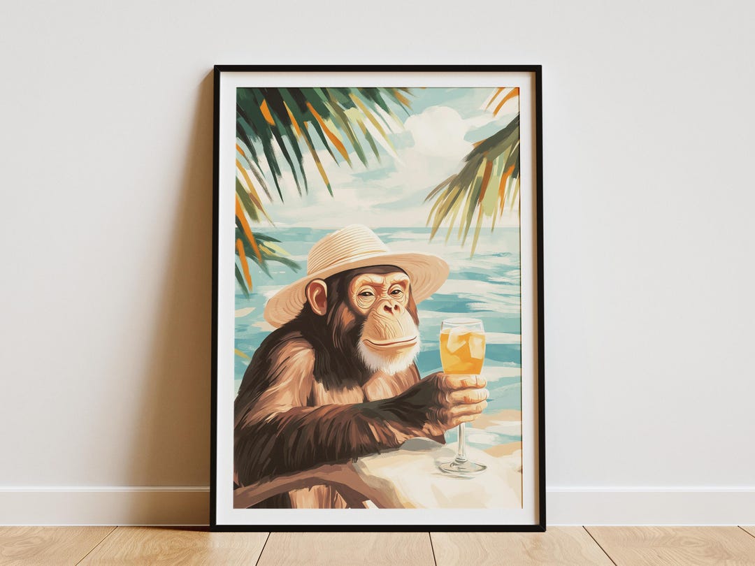 Elegant Monkey in Sun Hat Tropical Beach Summer Cocktail Poster Print ...