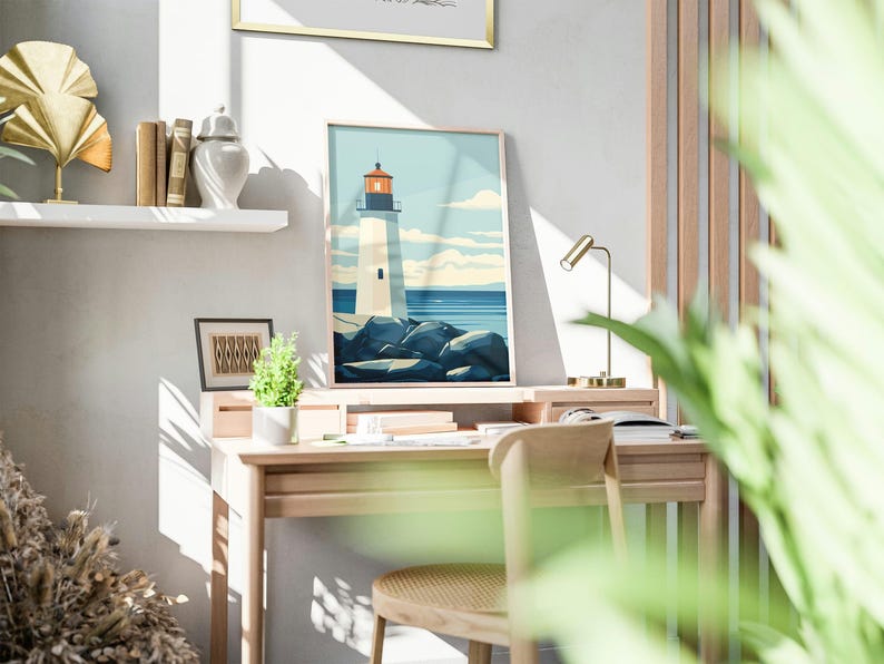 Coastal Lighthouse Art Print Orange Glow Nautical Scene Scenic Ocean ...