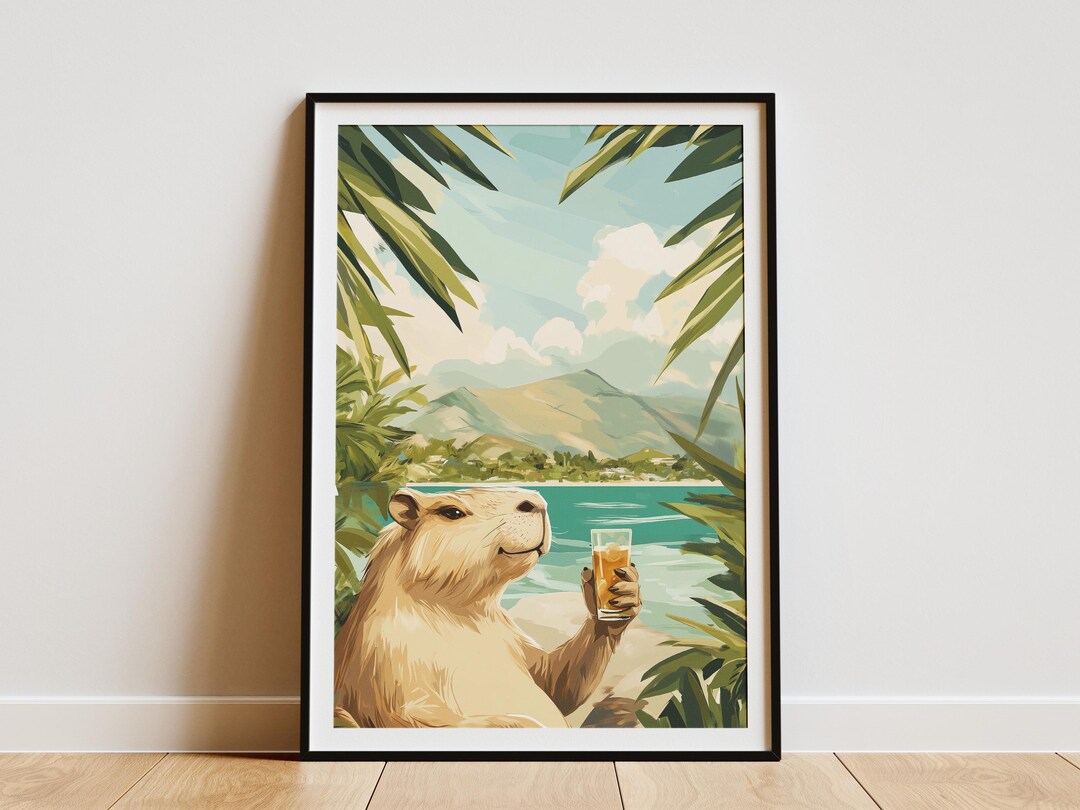 Capybara Beach Poster Tropical Animal Print Summer Vacation Art Coastal ...