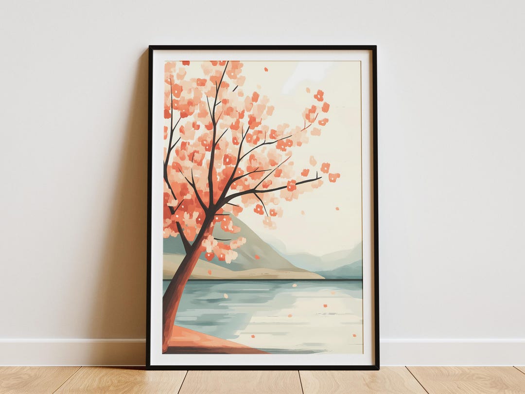 Japanese Cherry Blossom Tree Poster Peaceful Pond Landscape Art Print ...