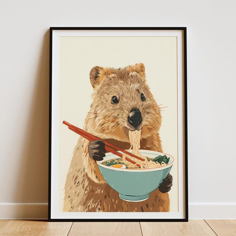 Cute Animal Eating Noodles Artwork - Etsy