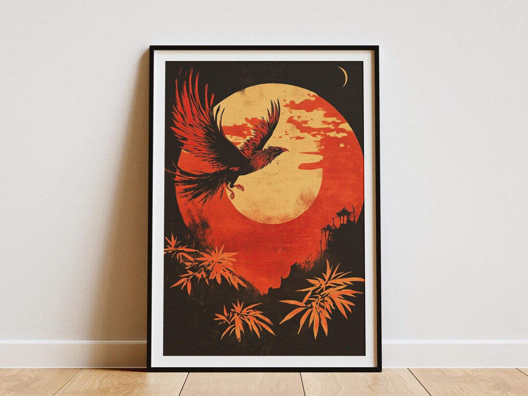 Phoenix Rising Poster Burning Sunset Art Print Traditional Japanese ...