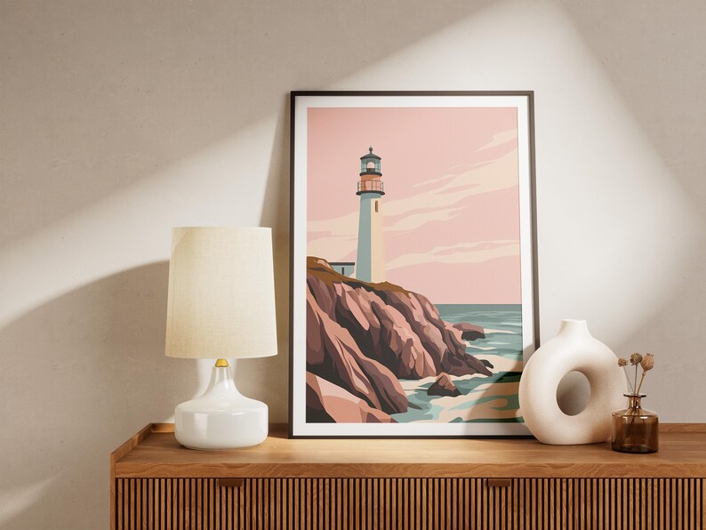 Pastel Lighthouse Coastal Art Print Ocean View Poster Beach House Decor ...