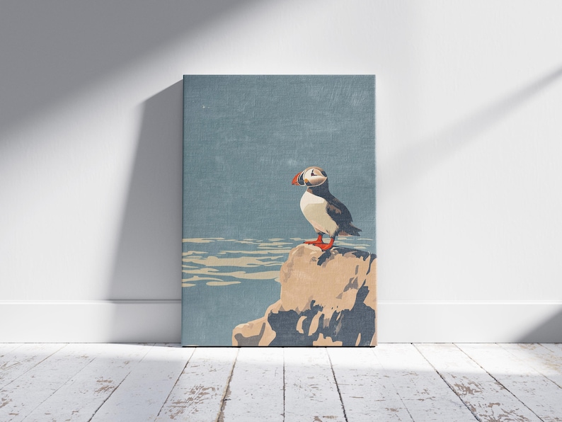 Puffin Bird Poster Coastal Wall Art Ocean Cliffside Print Vintage Style ...