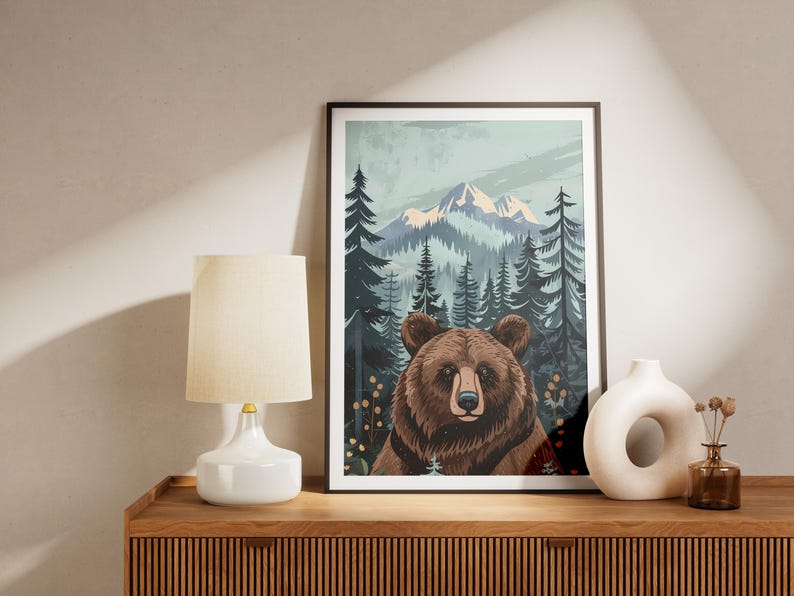 Forest Bear Poster Vintage Travel Poster Abstract Midcentury Modern ...