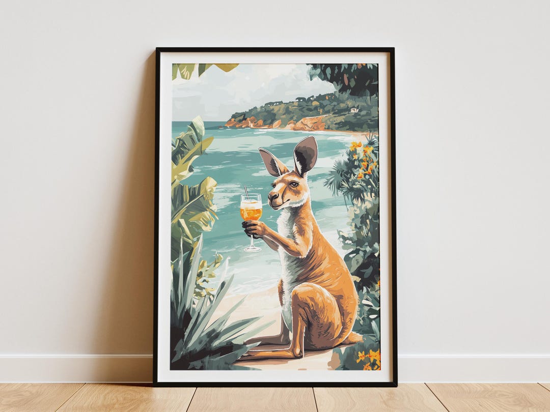 Kangaroo at the Beach Poster Coastal Animal Art Print Summer Vacation ...
