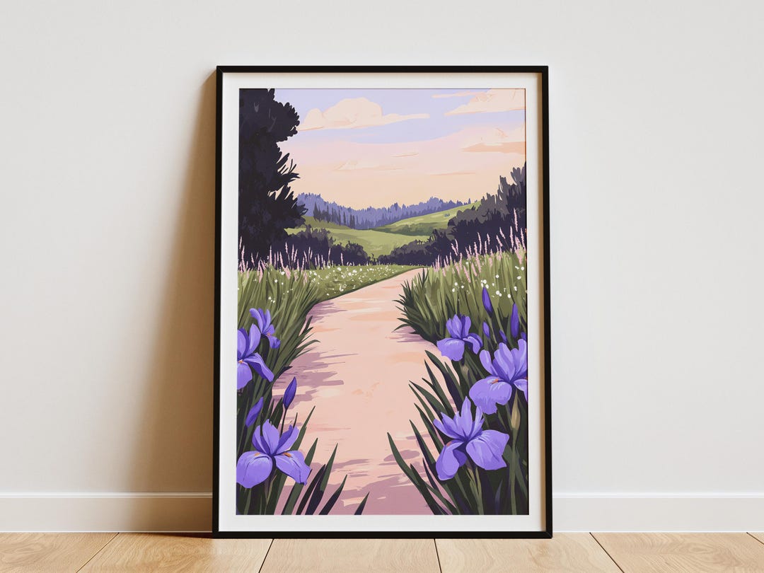 Purple Irises Countryside Road Summer Landscape Poster Print Botanical Flower Art Tranquil ...