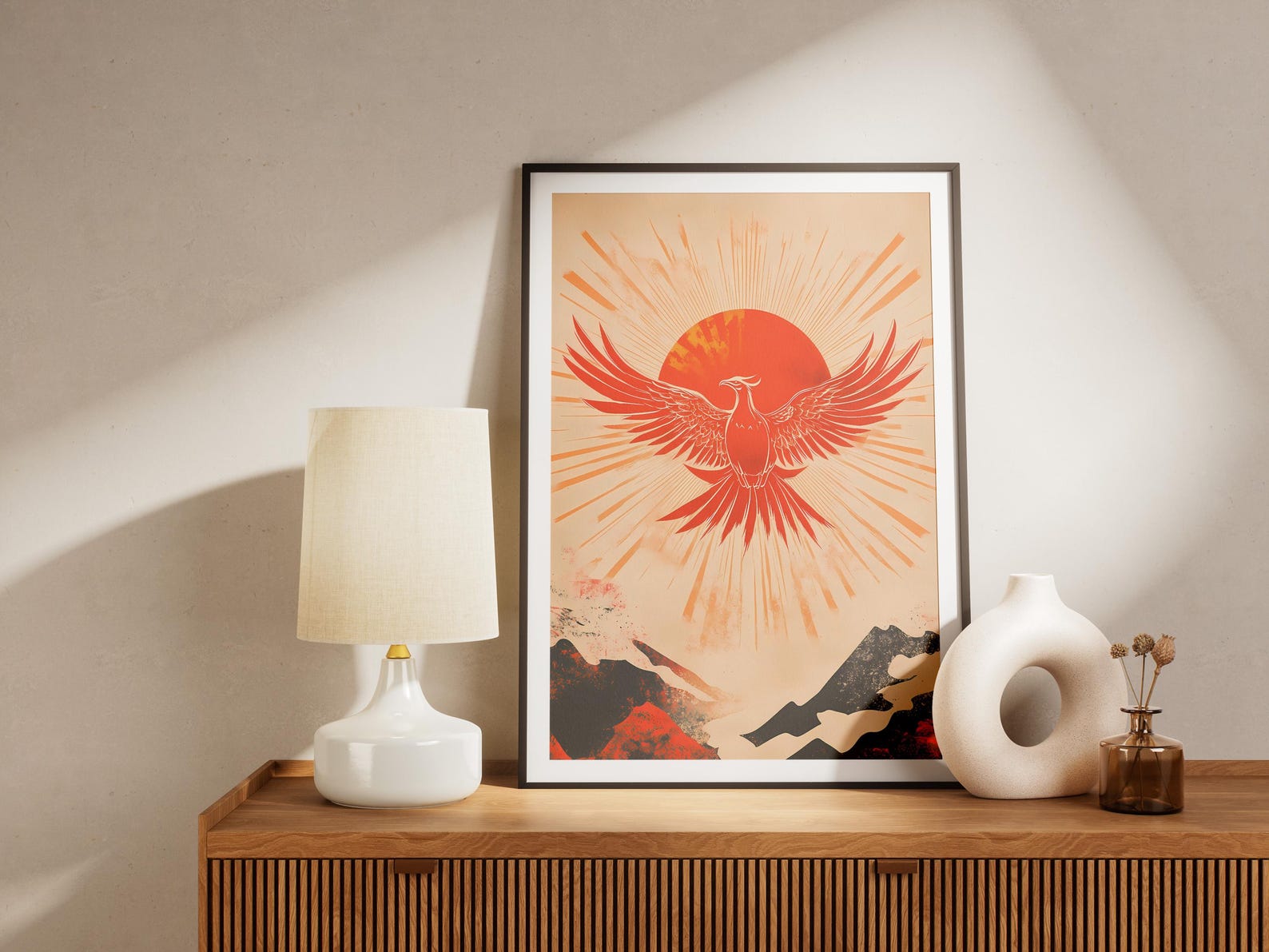 Phoenix Sunrise Poster Mythical Bird Art Print Orange Red Aesthetic ...