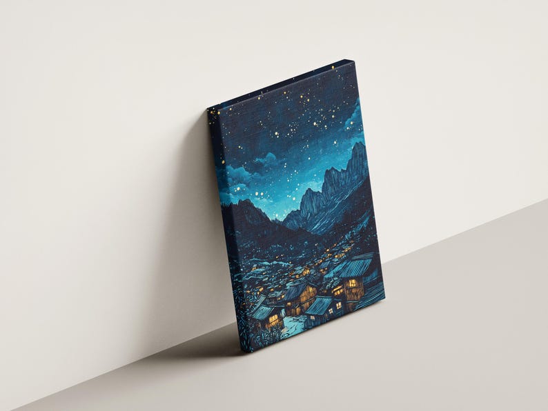 Mountain Village Night Sky Poster Starry Night Landscape Print ...