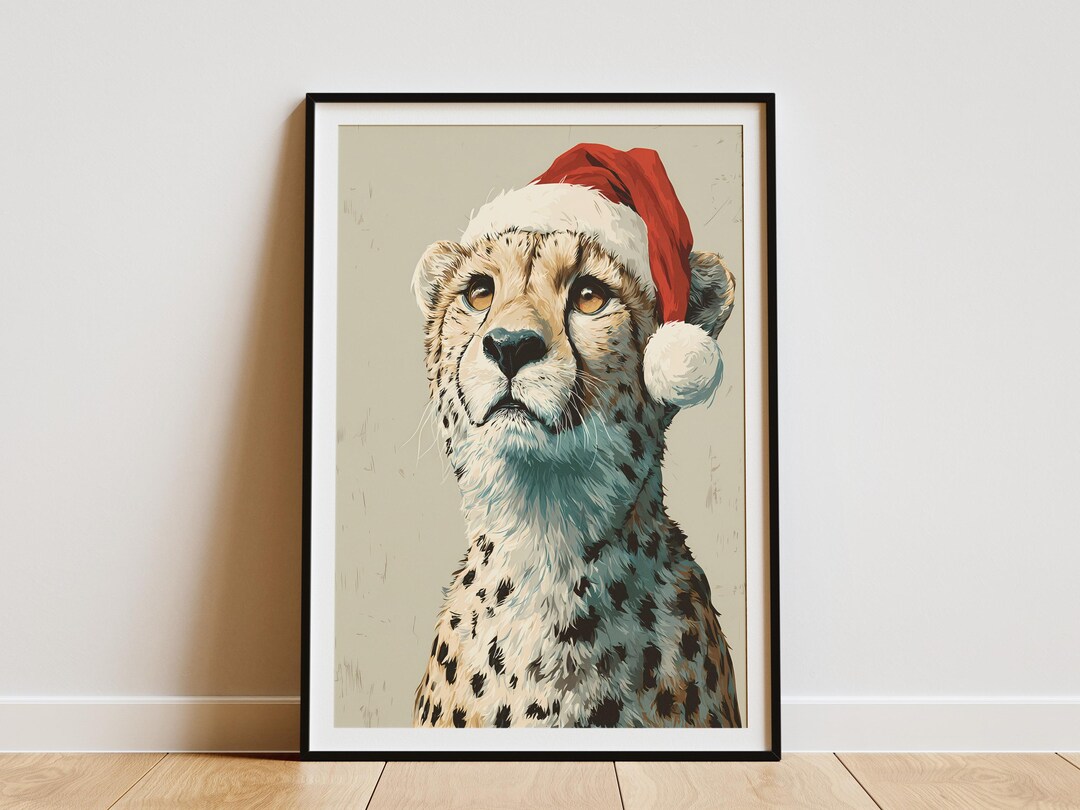 Christmas Cheetah Art Print Festive Wildlife Wall Decor Holiday Big Cat ...