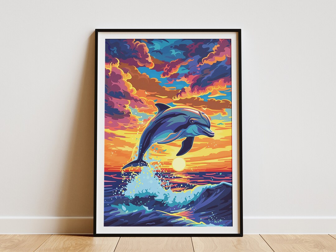 Ocean Dolphin Sunset Poster Print Abstract Animal Art Tropical Beach ...