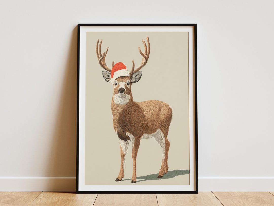 Christmas Deer With Santa Hat Woodcut Style Art Print Winter Holiday ...
