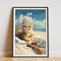Orange Cat by Windowsill Ocean View Summer Sunset Beach Coastal Cat Art ...