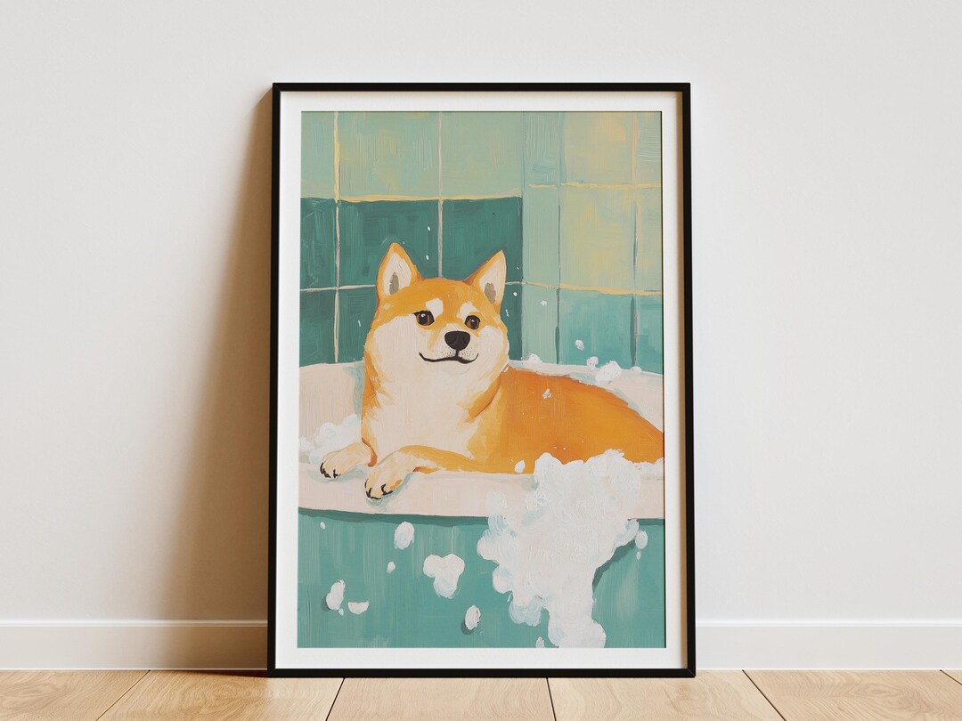 Shiba Inu Dog Bath Time Poster Print Cute Dog Wall Art Bathroom Decor ...