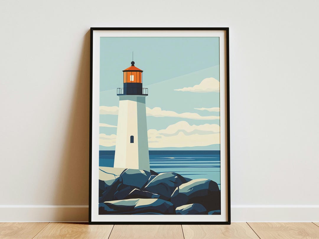 Coastal Lighthouse Art Print Orange Glow Nautical Scene Scenic Ocean ...