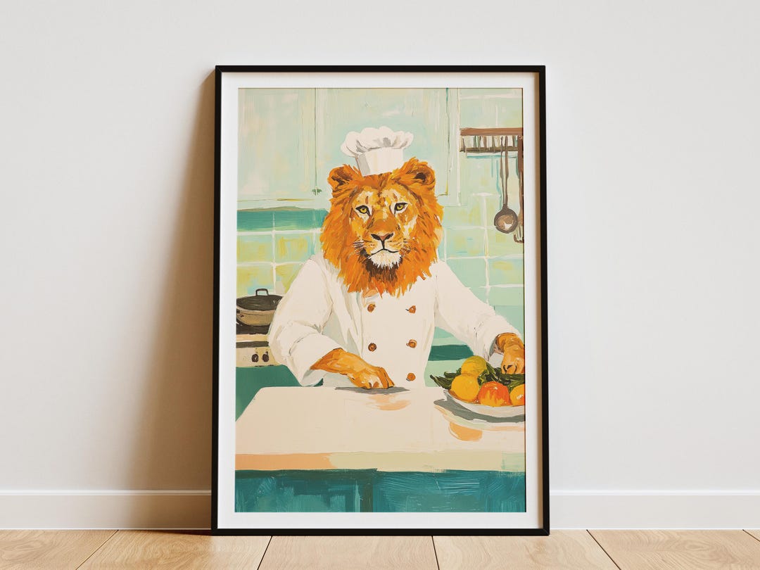 Lion Chef Art Print Funny Animal Poster Kitchen Decor Whimsical Lion ...