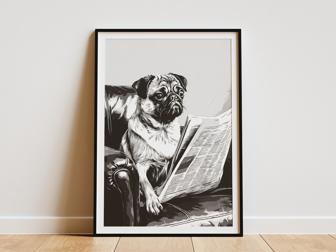Pug Dog Reading Newspaper Art Print Black and White Graphic ...