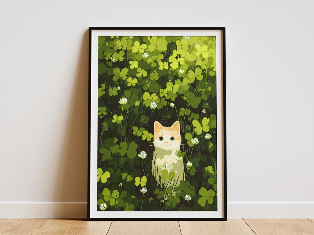 Cute Cat Clover Field Wall Art Green Nature Poster Pet Lover Gift Home ...