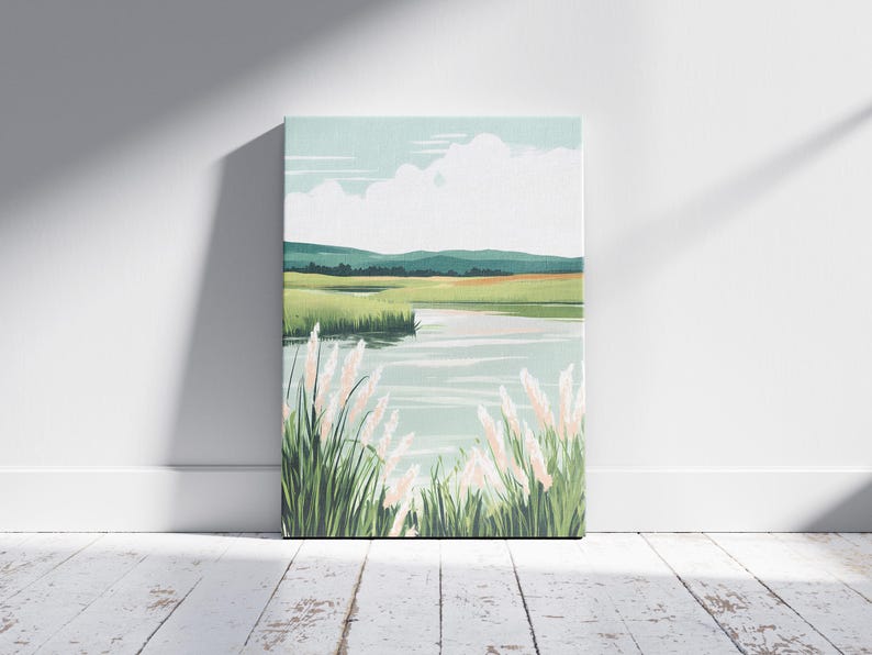 Green Meadow River Landscape Poster Calm Nature Art Print Modern ...