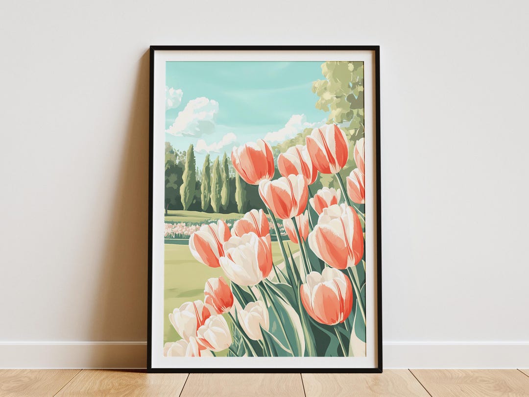 Tulip Garden Poster Spring Flowers Botanical Art Print Peach and White ...