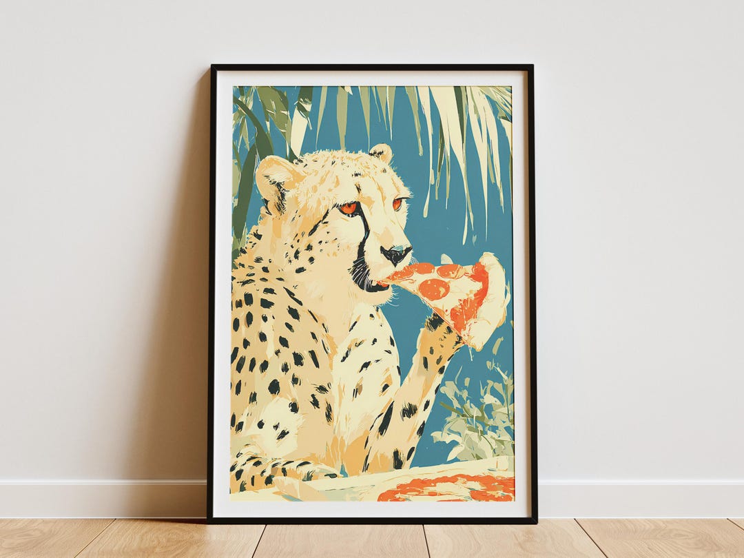Humorous Cheetah Pizza Digital Art Print Funny Animal Eating Food Wall ...