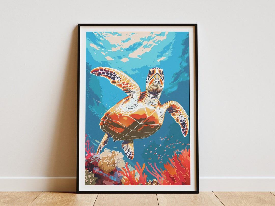 Sea Turtle Coral Reef Poster Ocean Animal Wall Art Tropical Beach Decor ...