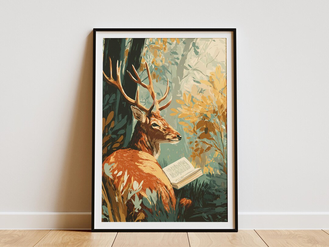 Whimsical Deer Reading Book Forest Art Print Cozy Autumn Nature Lover ...