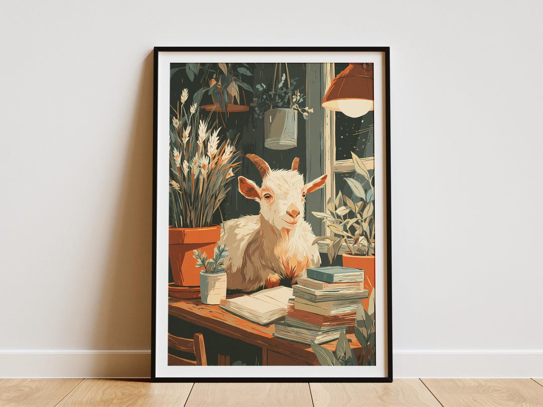 Whimsical Baby Goat Kid Studying at Night Art Print Cozy Library Desk ...