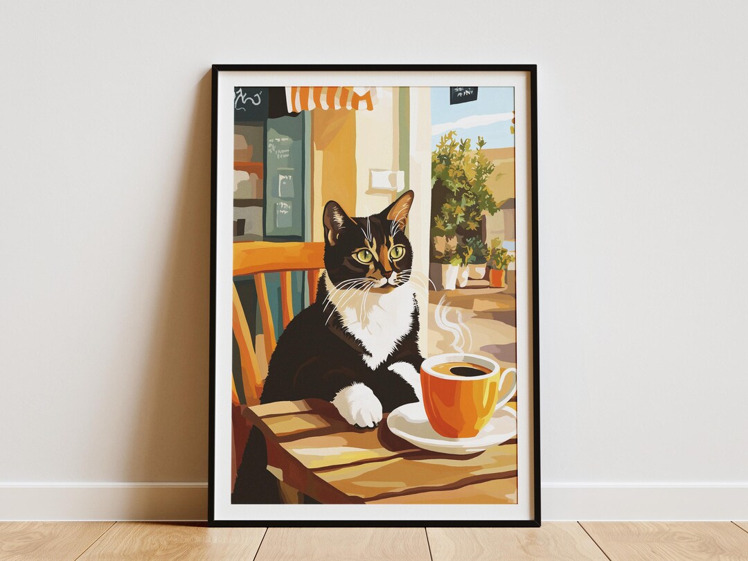 Cozy Cat Cafe Art Print Whimsical Feline Coffee Lover Poster Matisse ...