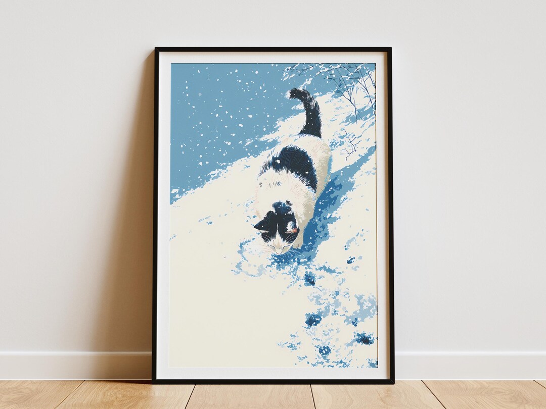 Black and White Cat in Snow Art Print Winter Animal Wall Art Decor ...