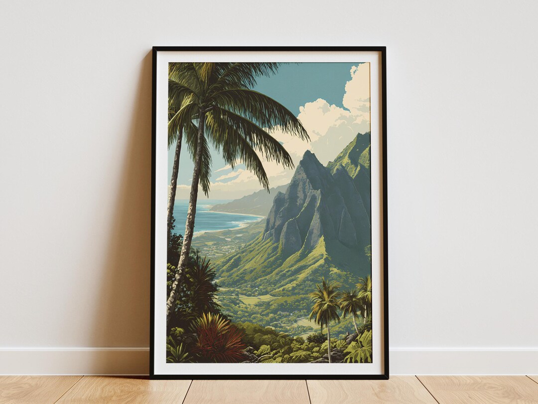 Pali Lookout Poster Windward Coast Art Print Hawaiian Travel Poster ...