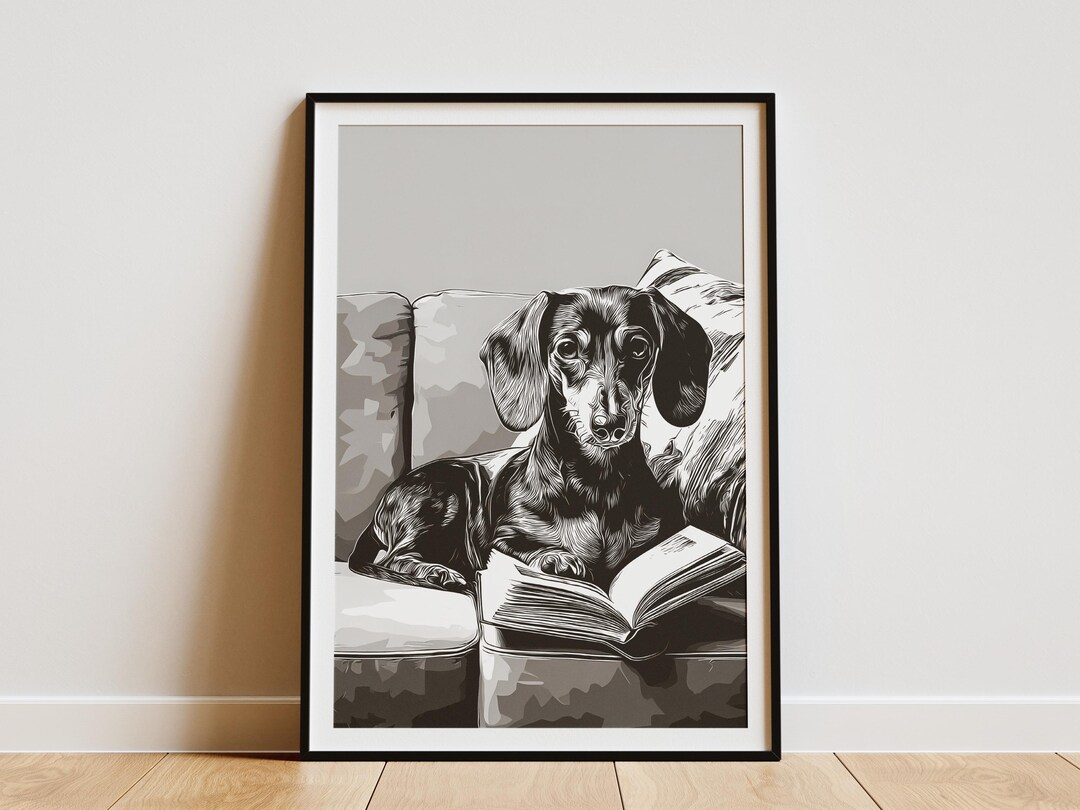 Dachshund Dog Reading Book Print Black White Line Art Wall Decor Cozy ...