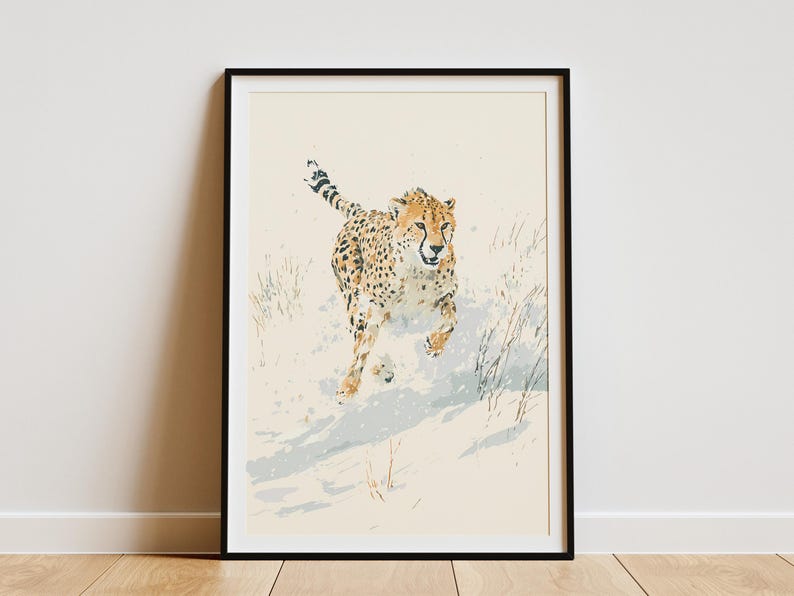 Modern Abstract Cheetah Art Print Wildlife Illustration Snow Day Winter ...