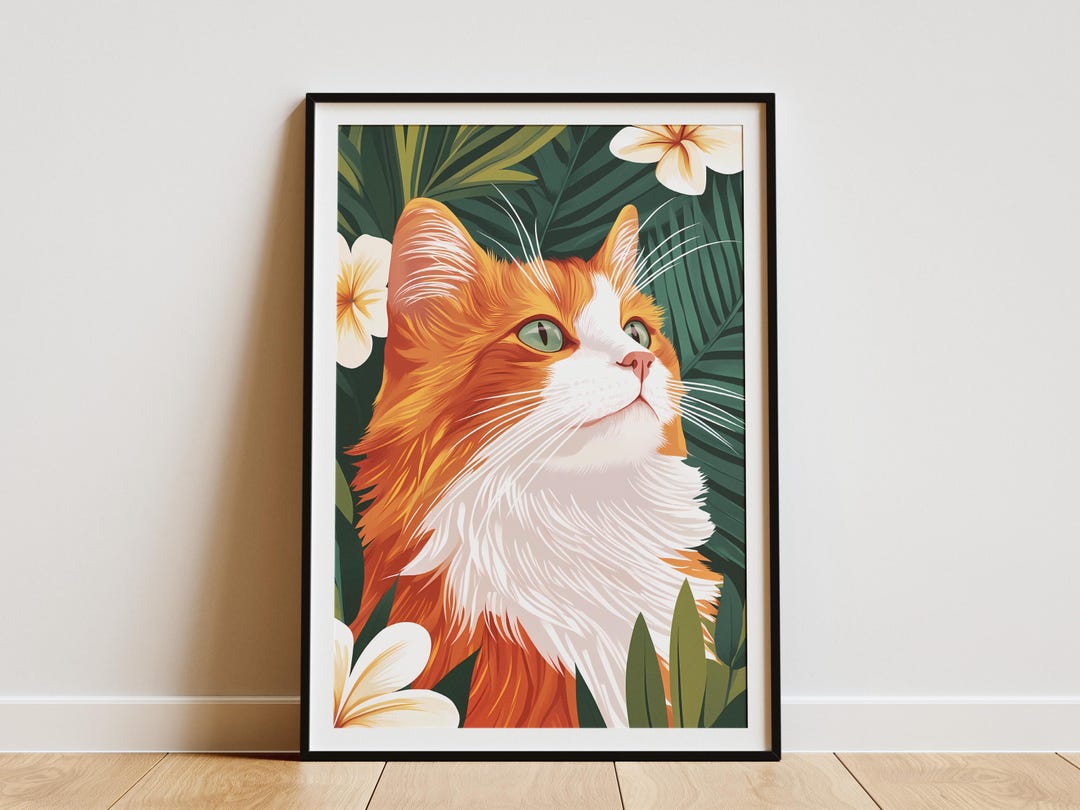 Fluffy Norwegian Forest Cat Art Print Tropical Hawaiian Jungle Leaves ...
