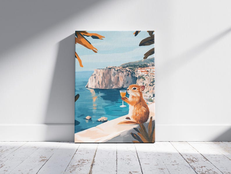 Coastal Pika Art Print Cute Animal Poster Italian Riviera Decor Orange ...