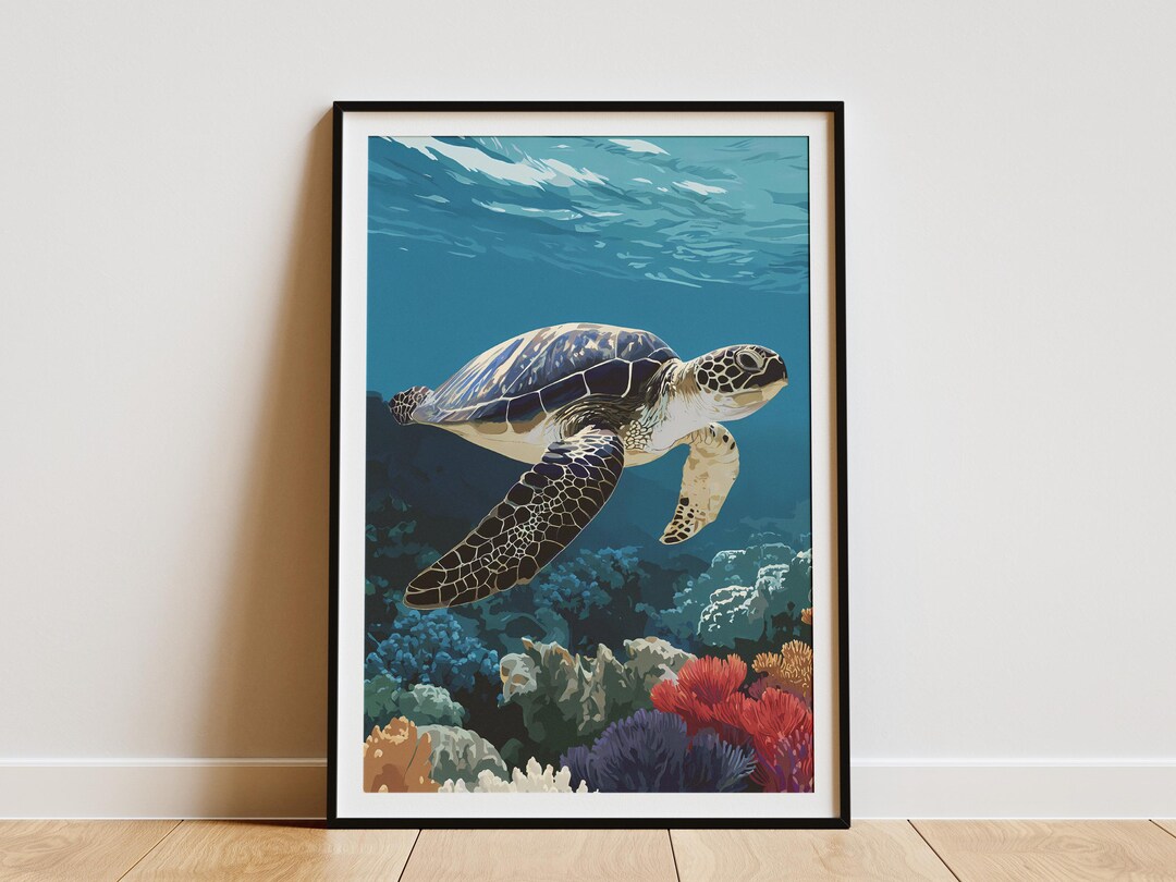 Sea Turtle Poster Swimming in Coral Reef Art Print Tropical Wall Decor ...