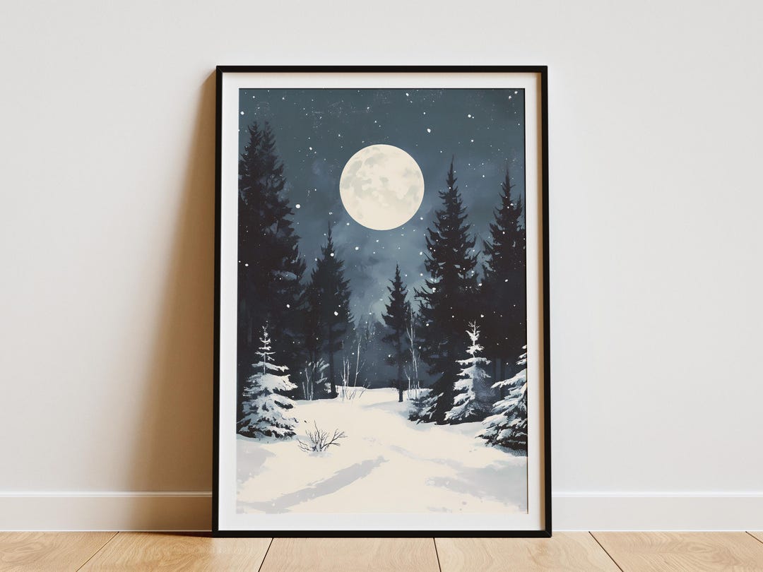 Winter Forest Moon Night Snow Landscape Poster Print Nature Art Snowy ...