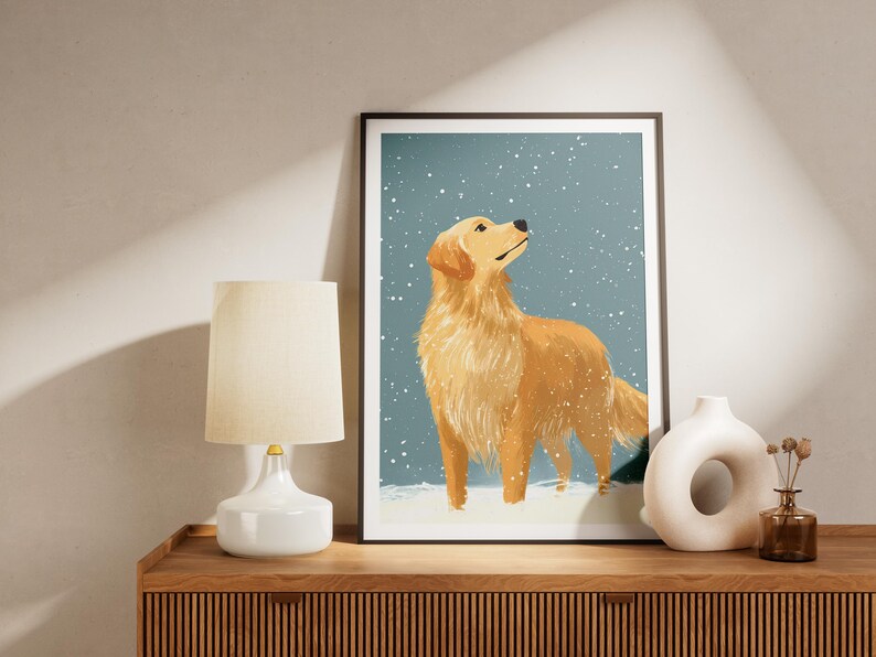 Golden Retriever Dog in Snow Digital Art Print Winter Pet Lover Wall ...