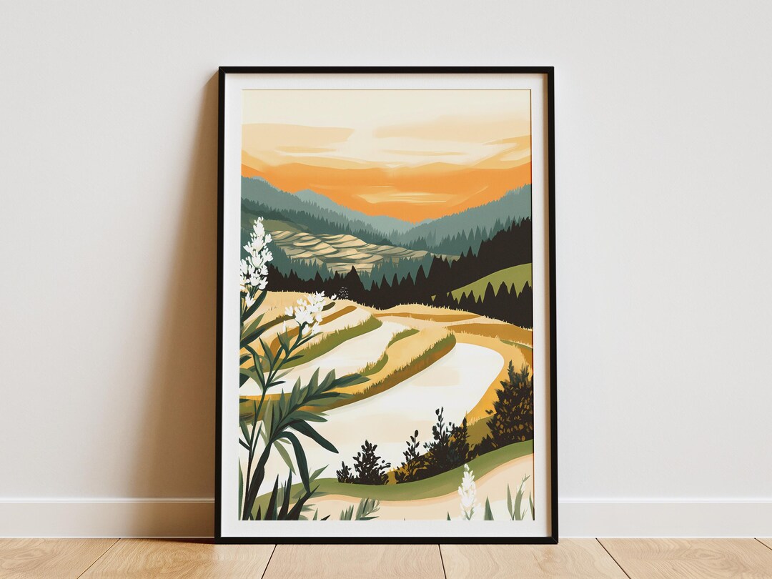 Misty Dawn Rice Terraces Landscape Print Modern Farmhouse Decor Asian ...
