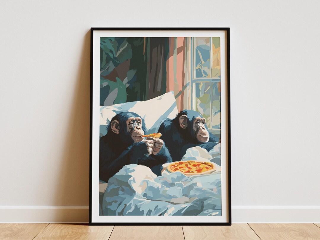 Chimpanzee Couple Enjoying Pizza in Bed a Cozy Modern Art Print Poster ...