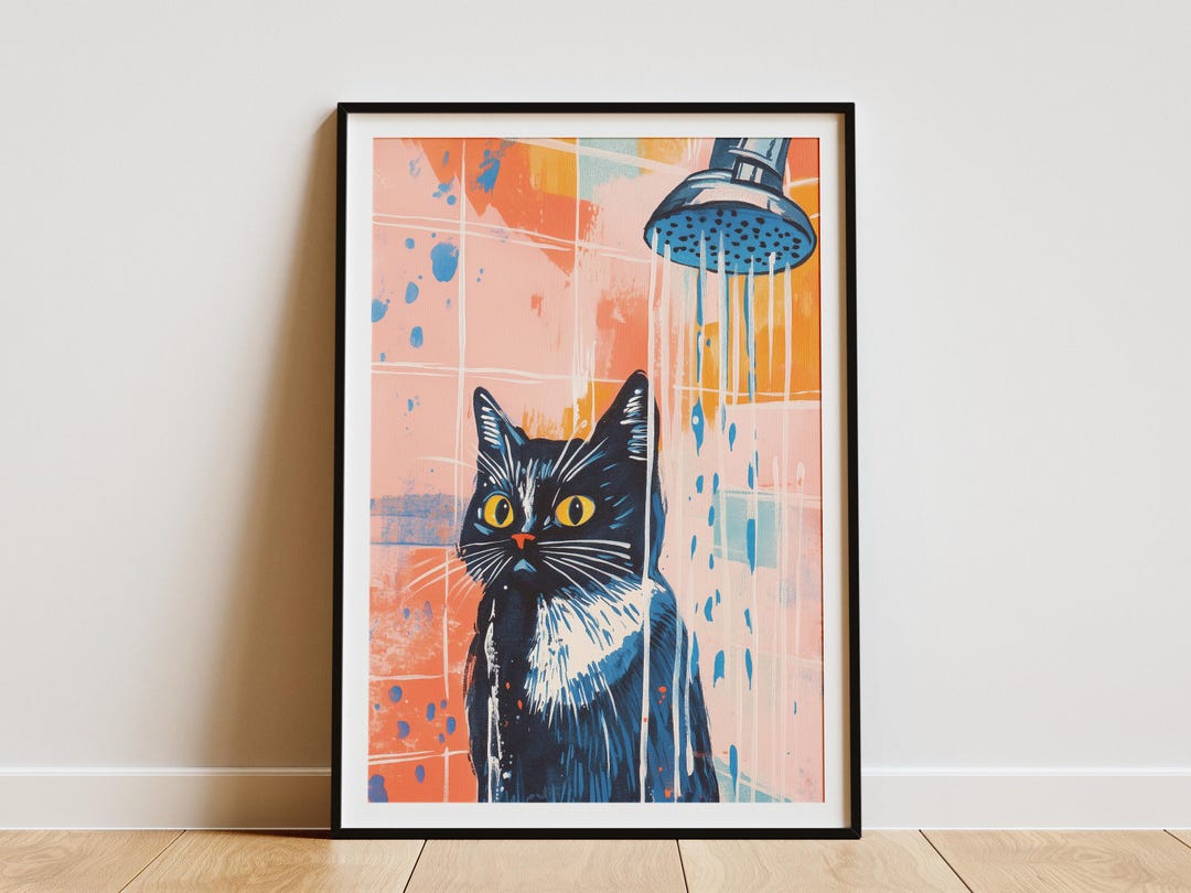 Painting Cat Shower Print Blue Cat Abstract Art Modern Cat Poster Cute ...