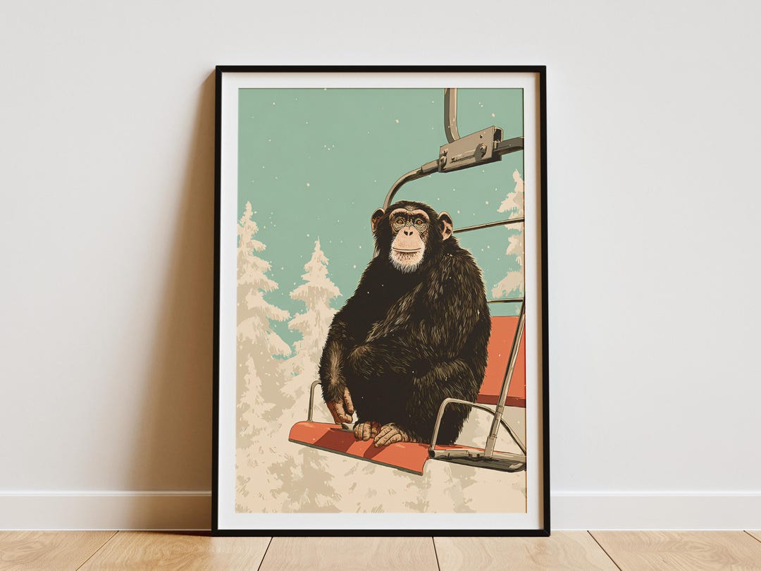 Chimpanzee on Ski Lift Winter Snow Art Print Funny Animal Poster Unique ...