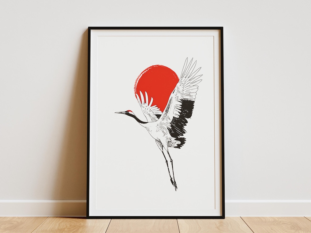 Elegant Japanese Crane Flying Red Sun Wall Art Print Minimalist Bird ...