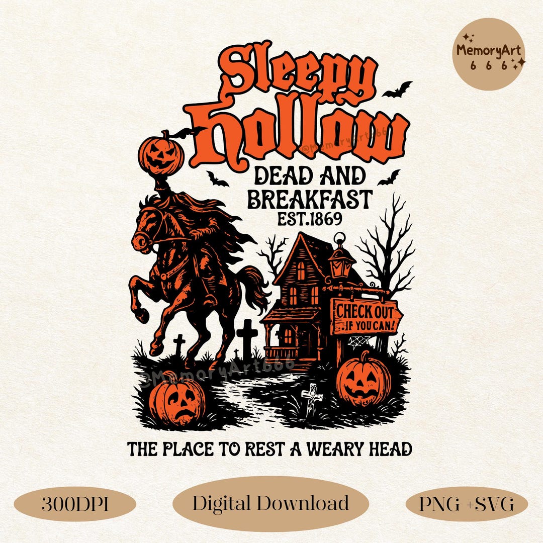 Headless Horseman PNG SVG, Vintage Creepy Graveyard Scene Sleepy Hollow ...